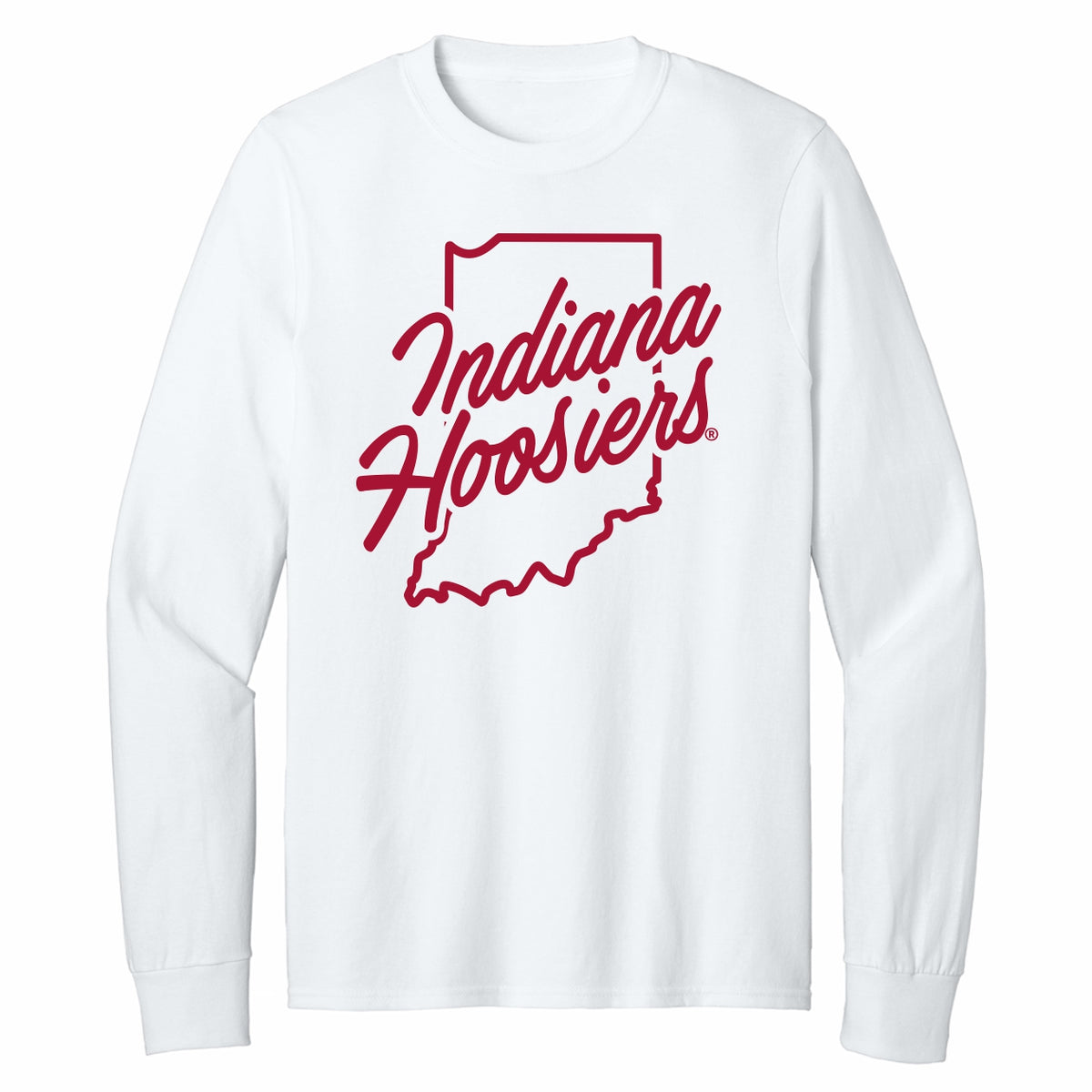 Indiana Long-Sleeve Tee White State Shape Script – Gameday Spirit Fanstore